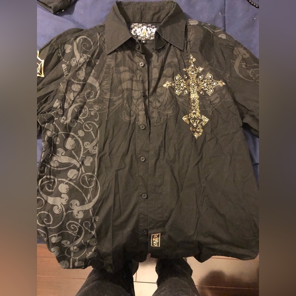 crave | Shirts | Crave Black Buttoned Shirt With Cross And Angel Wings ...